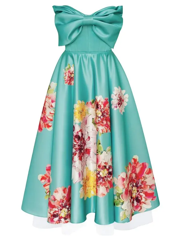 MILLA Strapless Bow Midi Dress - Aquamarine Floral
