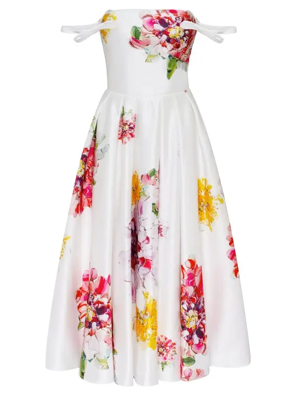 MILLA Tea-length A-line Dress - Ivory Floral