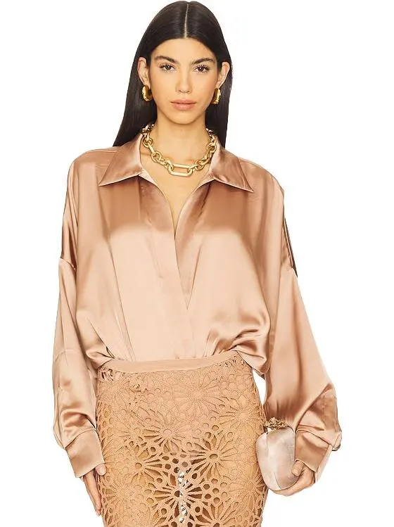 Norma Kamali Super Oversized Boyfriend Neck Shirt Bodysuit - Brown