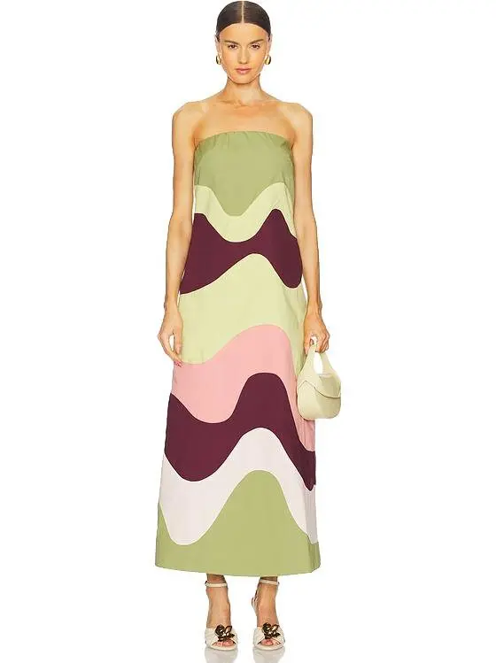 ADRIANA DEGREAS Giardino Strapless Long Dress - Green  Pink  Brown & Salmon