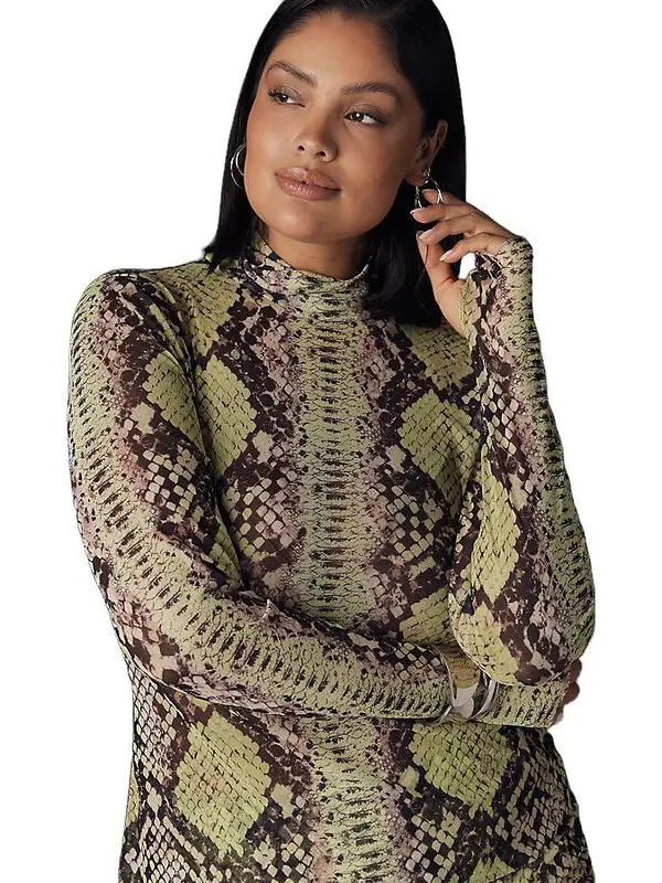 AFRM Zadie Plus Long-sleeve Turtleneck Mesh Top - Green Pattern