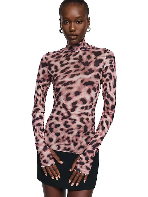 AFRM Zadie Plus Long-sleeve Turtleneck Mesh Top - Warmth Leopard