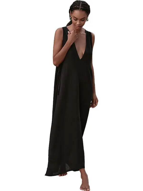 CELANDINE Plunge-neck Linen Blend Maxi Dress - Black