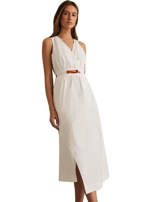 REISS Brianne Poplin Belted Midi Dress - Ivory