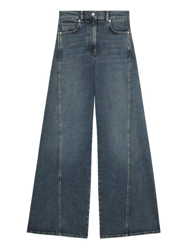 REISS Fern Petite Twist Seam Wide Leg Jeans - Mid Blue