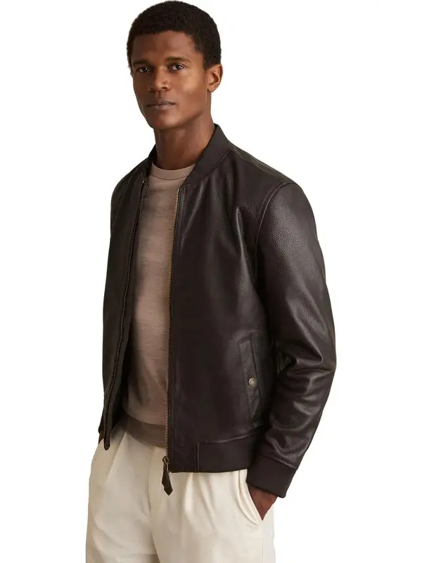 REISS Cast Leather Bomber Jacket - Brown