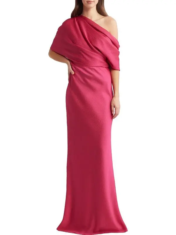 Amsale Slouch One-shoulder Hammered Satin Gown - Magenta