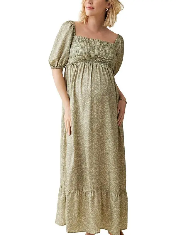 INGRID & ISABEL Elbow Sleeve Smocked Maxi Dress - Olive Two Tone