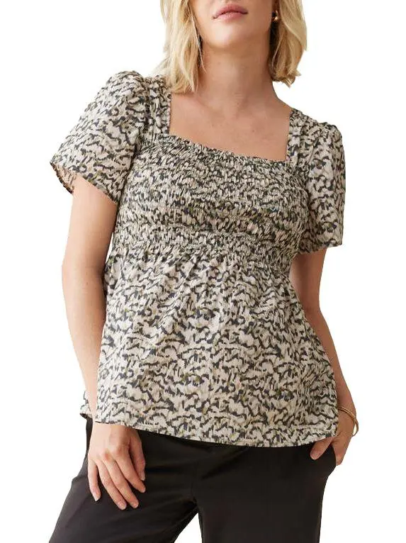 INGRID & ISABEL® Smocked Puff Sleeve Maternity Top - Olive/ Navy Abstract Ikat