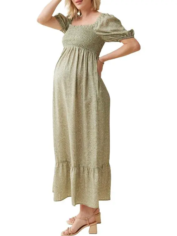 INGRID & ISABEL® Elbow Sleeve Smocked Bodice Maxi Maternity Sundress - Olive Two Tone