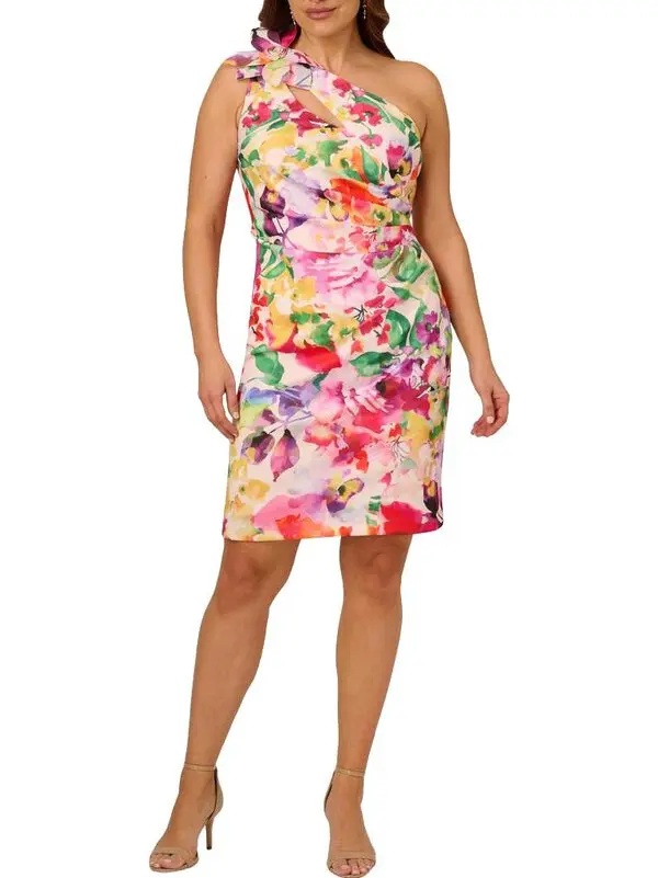 Adrianna Papell Print Cutout One-shoulder Sheath Dress - Pink Multi
