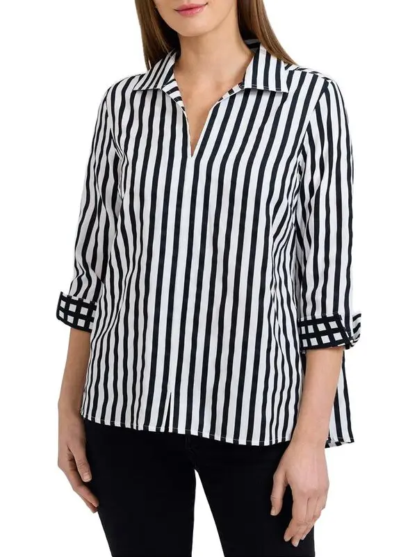 Foxcroft Agnes Stripe Cotton Popover Top - White/ Black