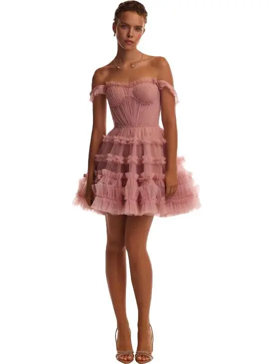 MILLA Fitted Tulle Mini Dress With Ruffles - Misty Rose