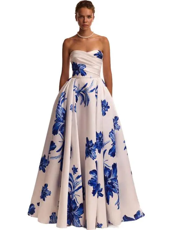 MILLA Strapless A-line Floral Maxi Dress - White-blue