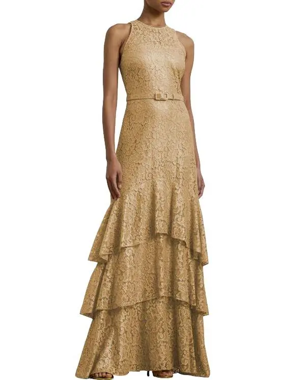 Ralph Lauren Metallic Belted Tiered Lace Gown - Sand Dune/ Gold