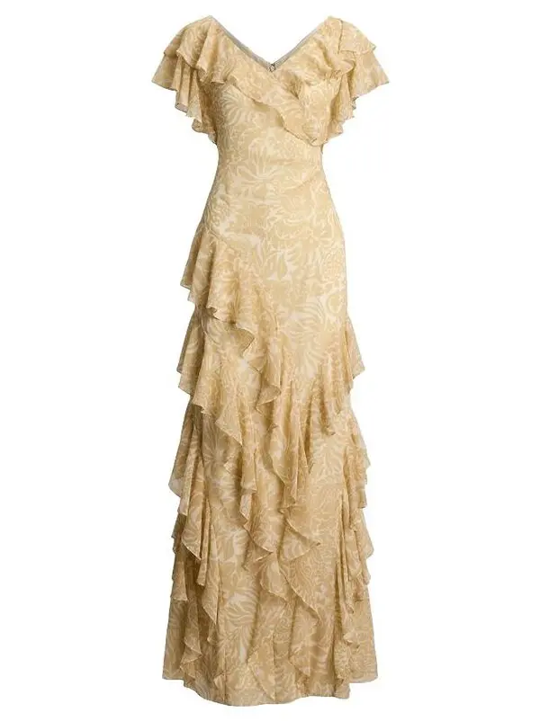 Ralph Lauren Floral Ruffle Georgette Gown - Cream/ Tan