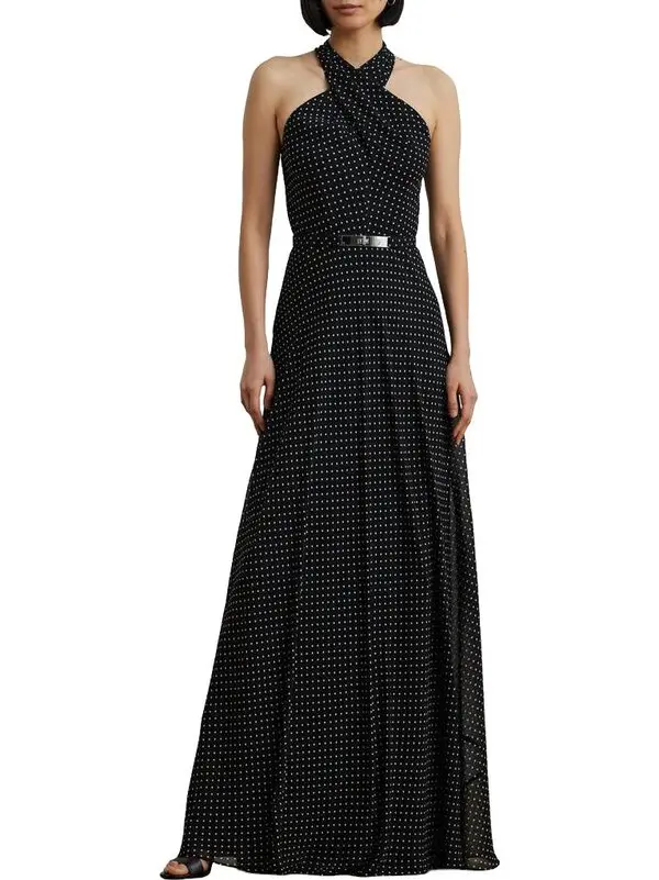 Ralph Lauren Polka Dot Georgette Gown - Black/ Cream