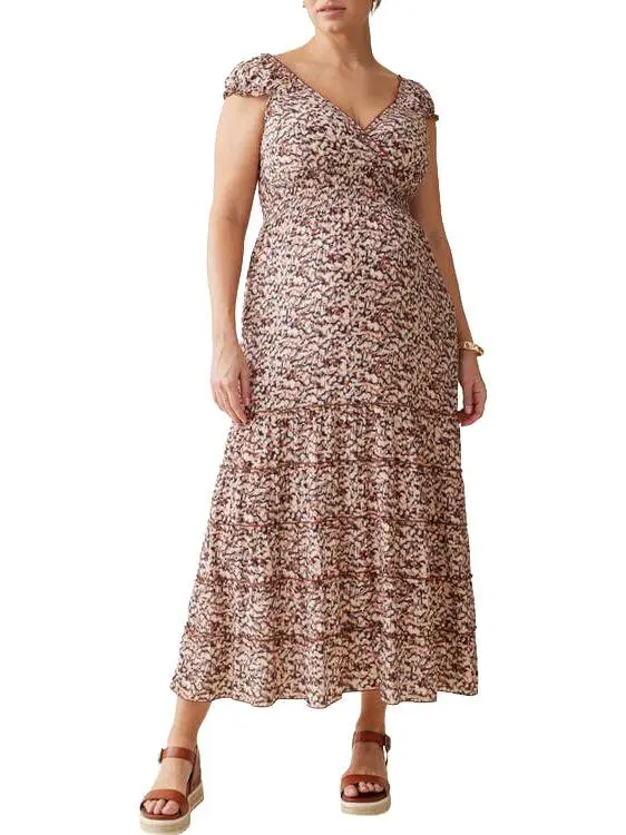 INGRID & ISABEL® Tiered Maternity Maxi Dress - Brown/ Navy Abstract Ikat