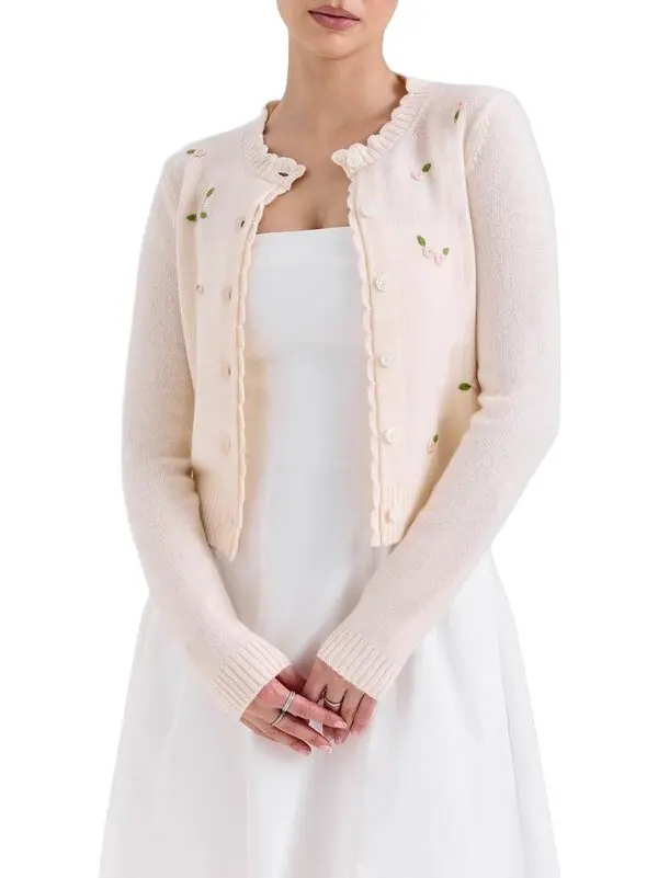 House Of Cb Anjou Floral Embroidered Wool Cardigan - Cream And Rose Embroidered