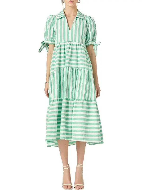 English Factory Stripe Cotton Midi Dress - Green/ White