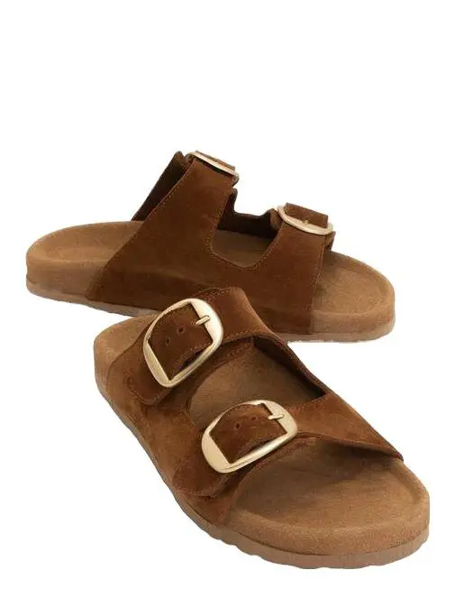 FOREVER & ALWAYS SHOES Ovesta Leather Slide Sandal - Cognac Suede Leather