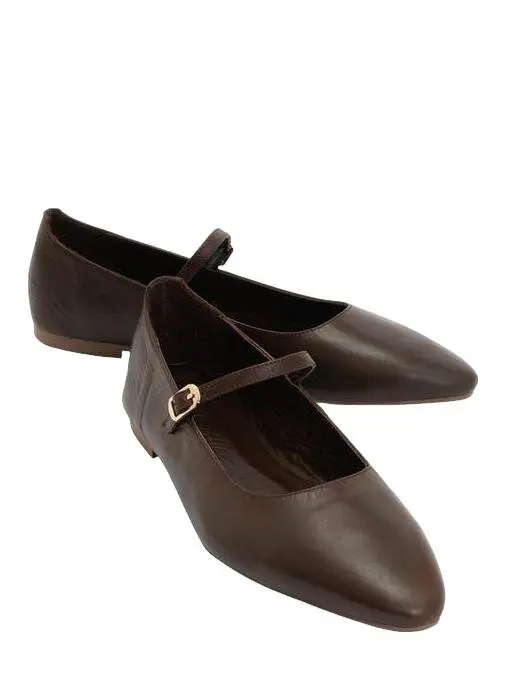 FOREVER & ALWAYS SHOES Lara Leather Mary Jane Flats - Brown Leather
