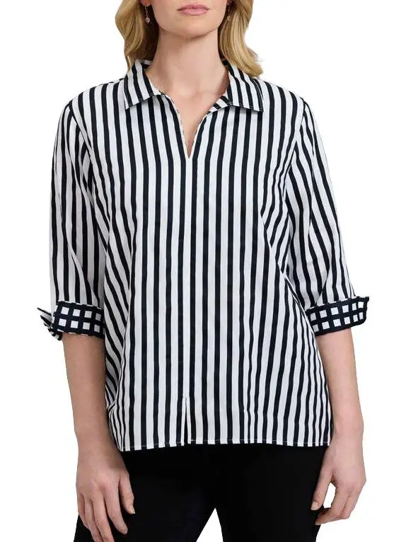 Foxcroft Agnes Stripe Cotton Popover Top - White/ Black