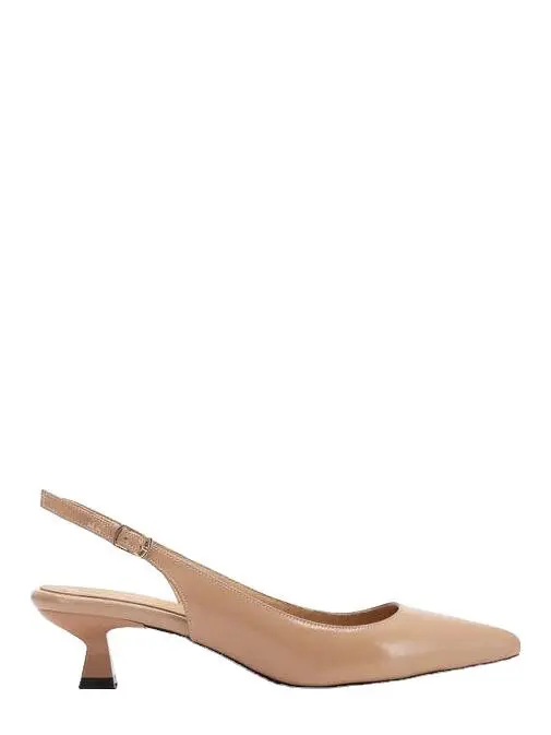 FOREVER & ALWAYS SHOES Lety Leather Slingback Kitten Heel Pumps - Cream Beige Patent Leather