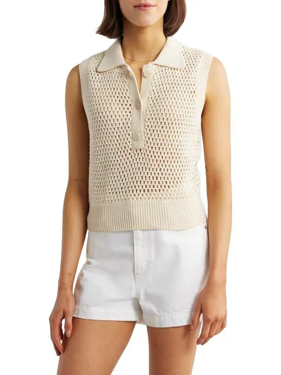 FRAME Openwork Sleeveless Polo Sweater - Cream