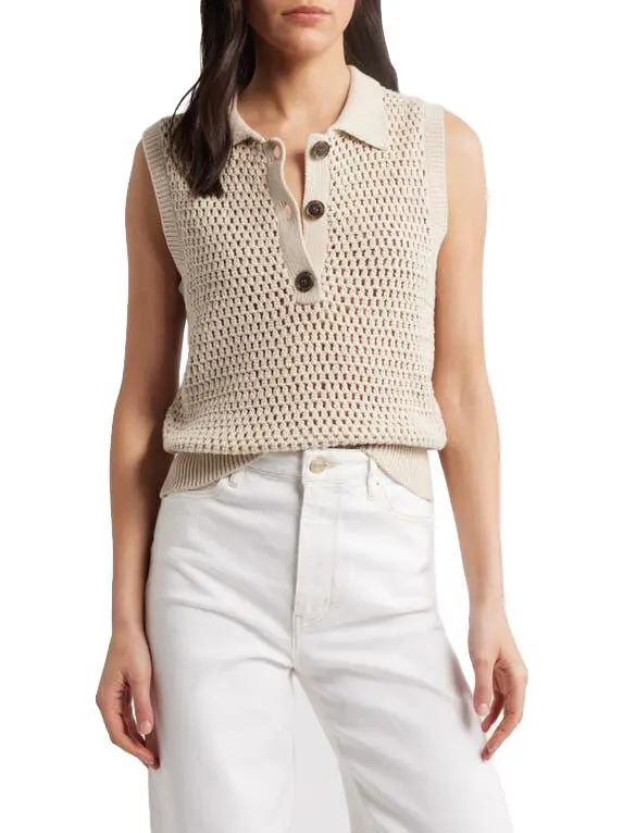 FRAME Openwork Sleeveless Polo Sweater - Taupe