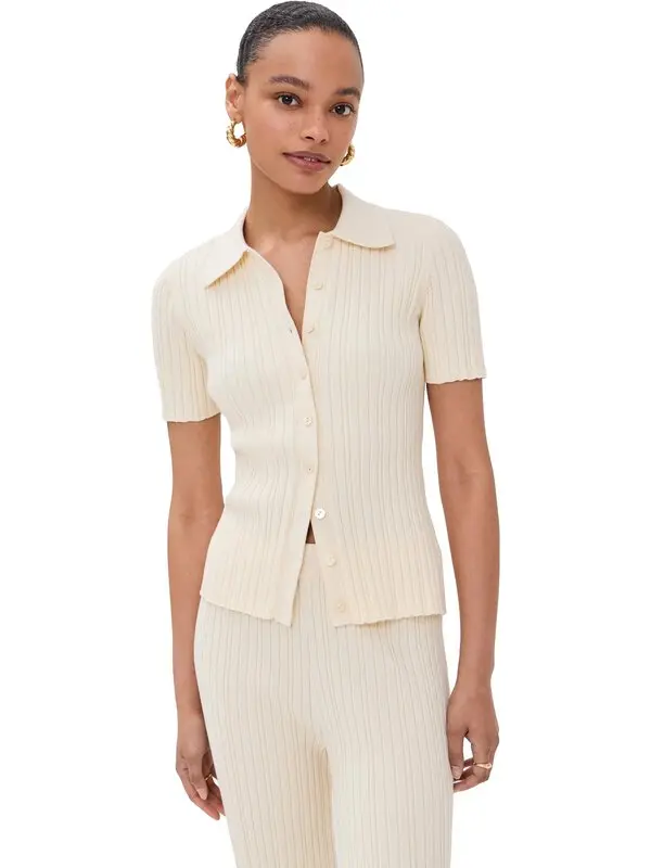LE BOP Ribbed Knit Button-up Top - Antique White