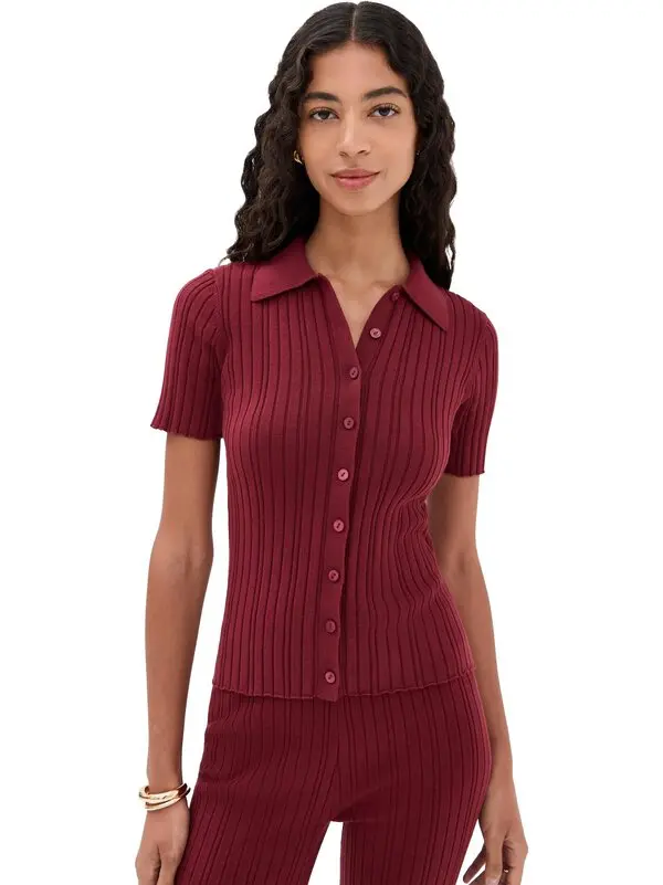 LE BOP Ribbed Knit Button-up Top - Oxblood