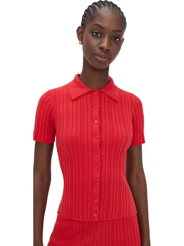 LE BOP Ribbed Knit Button-up Top - Poppy