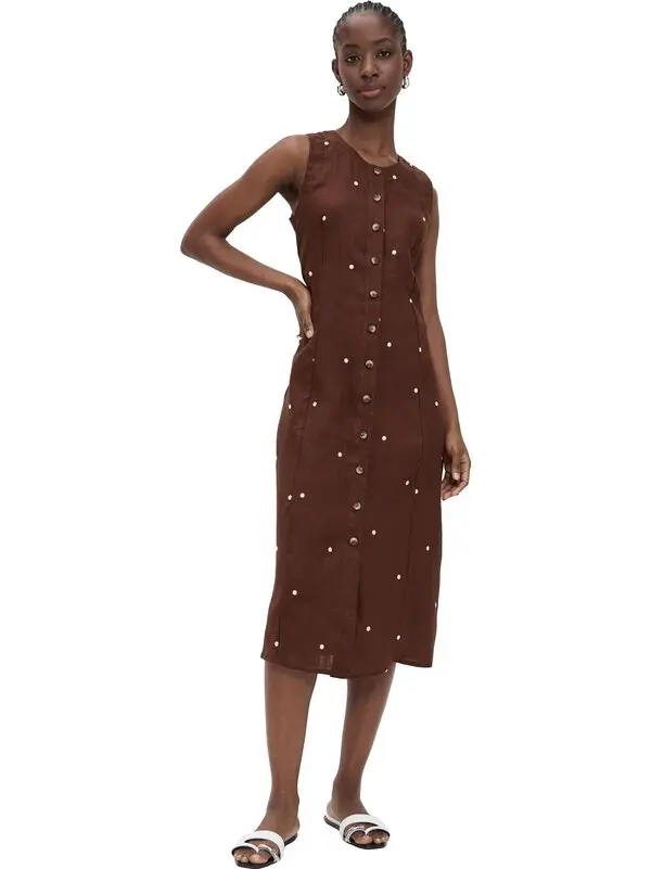 LITTLE LIES Polka Dot Embroidered Linen Dress - Chocolate