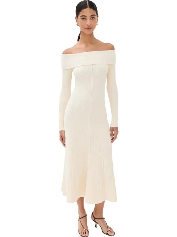 LE BOP Off-shoulder Ribbed Knit Midi Dress - Antique White