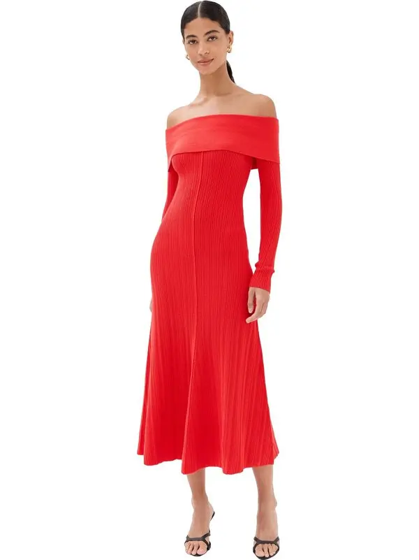LE BOP Off-shoulder Ribbed Knit Midi Dress - Cherry