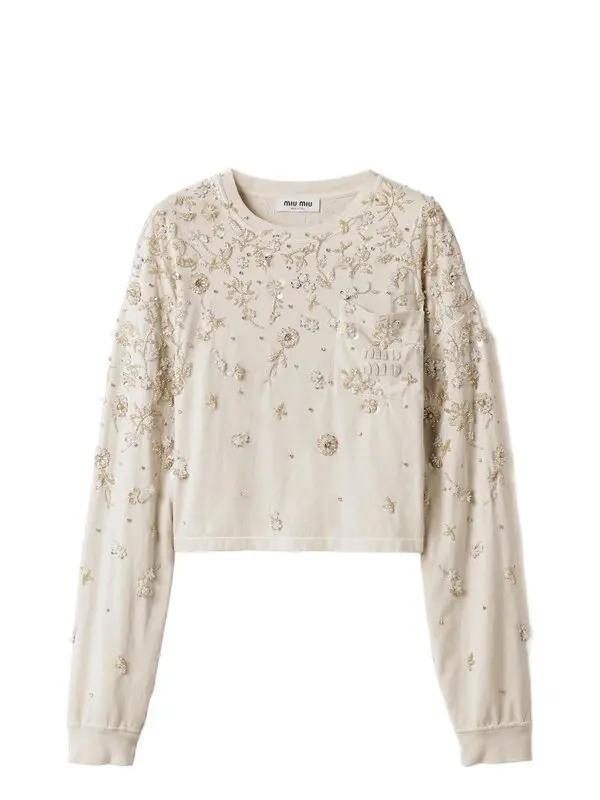 Miu Miu Embroidered Gart-dyed Jersey T-shirt - Chalk