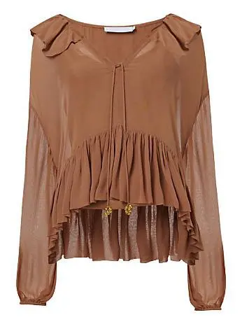 LEEM Ruffle-detail Long-sleeve Woven Top - Brown