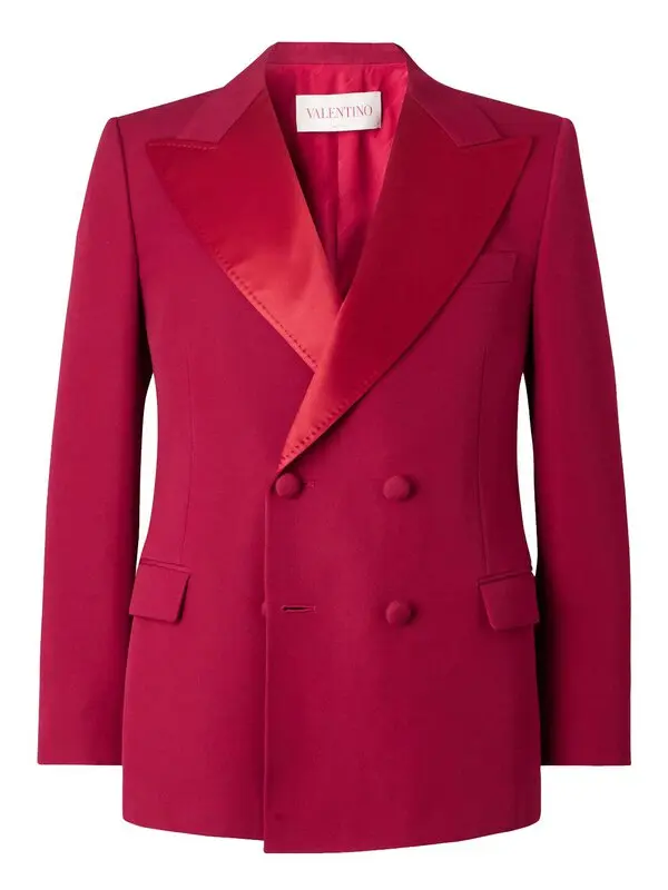 Valentino Garavani Double-breasted Silk Satin-trimmed Grain De Poudre Wool Blazer - Red