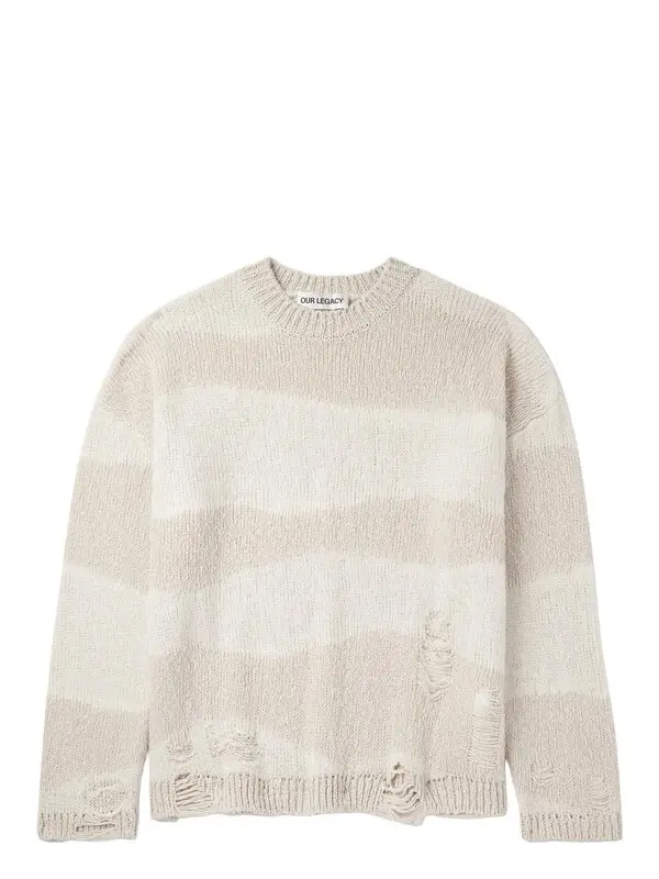 Our Legacy Popover Distressed Striped Cotton And Linen-blend Sweater - Neutrals