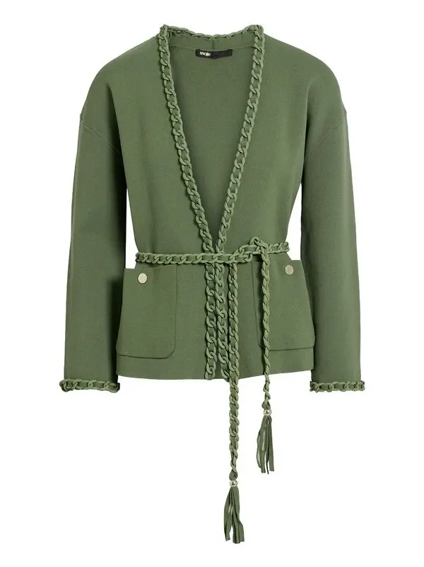 Maje Belted Chain-embellished Stretch-knit Cardigan - Leaf Green