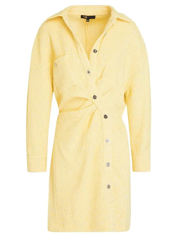 Maje Metallic Cotton-blend Bouclé-tweed Mini Shirt Dress - Pastel Yellow