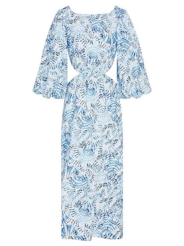 Saloni Neela Printed Linen Midi Dress - Light Blue