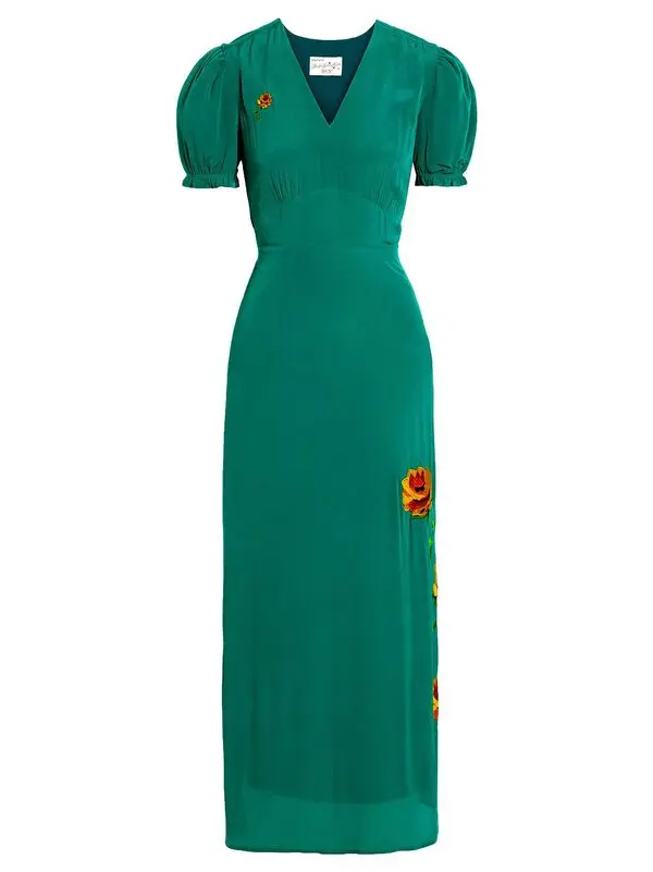 HVN Paula Floral-appliquéd Chiffon Maxi Dress - Emerald