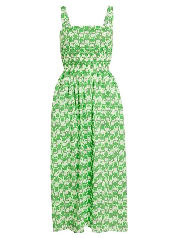 HVN Laura Shirred Printed Midi Dress - Green