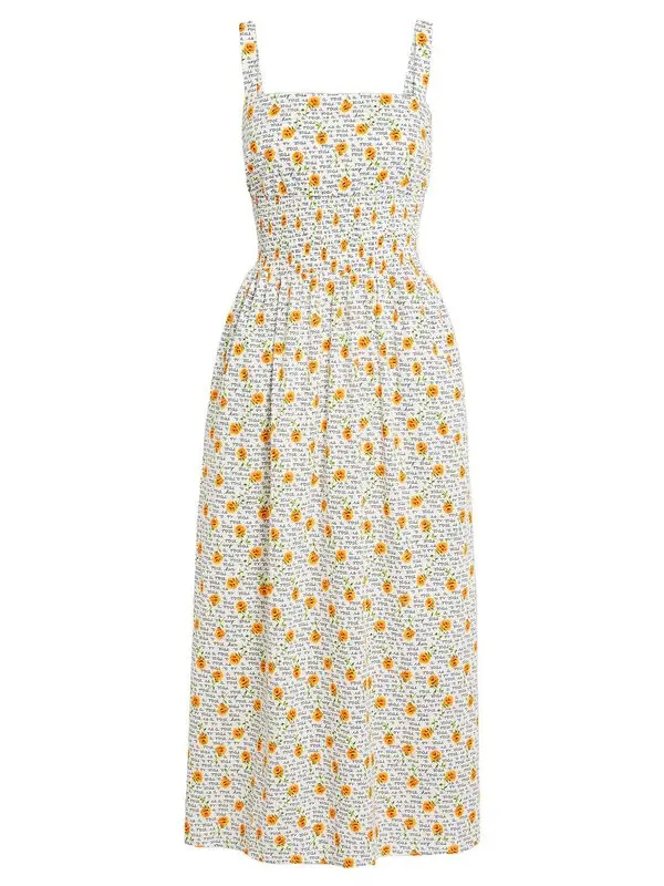 HVN Laura Shirred Printed Midi Dress - White