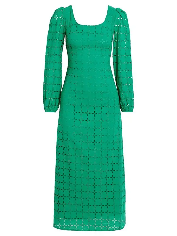 HVN Jules Broderie Anglaise Cotton Midi Dress - Jade