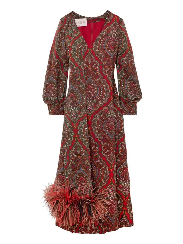 Valentino Garavani Paisley-print Silk-crepe Midi Dress With Feather Trim - Red