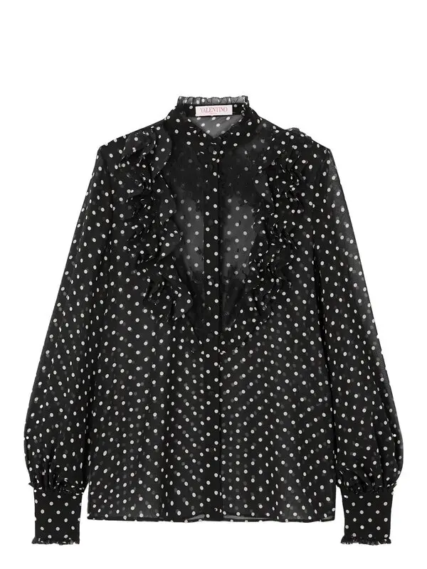 Valentino Garavani Ruffled Lace-trimmed Polka-dot Silk-chiffon Shirt - Black