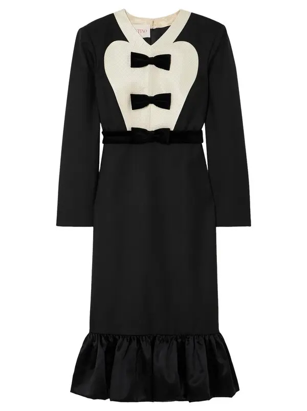 Valentino Garavani Belted Bow-embellished Velvet And Ottoman-trimmed Wool Midi Dress - Black